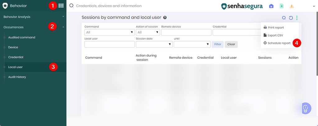 How to create sessions by command and local user schedule report - PAM Core - Segura Community