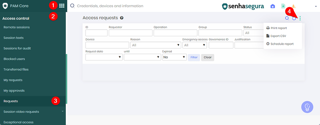 How to access requests of access control report - PAM Core - Segura ...
