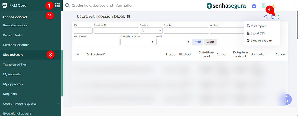 How to access users with session block report - PAM Core - senhasegura ...