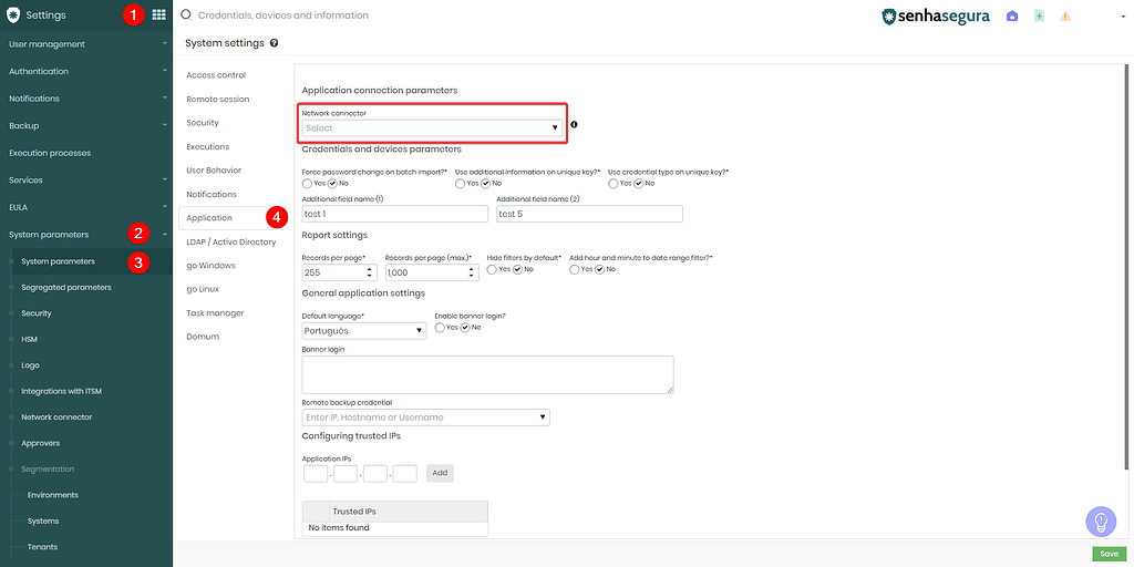 Application connection parameters: Network connector - PAM Core - Segura Community