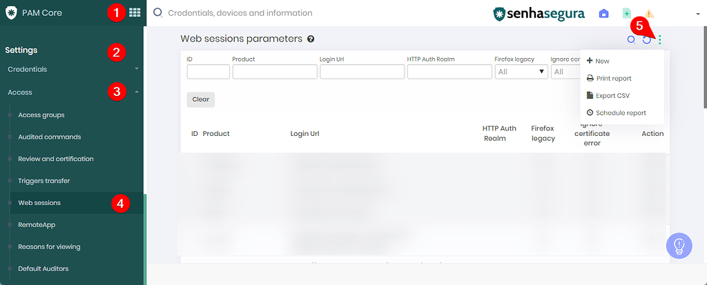 How to access the Web sessions parameters report - PAM Core - Segura Community