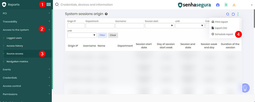 How to create system sessions origin schedule report - PAM Core - Segura Community